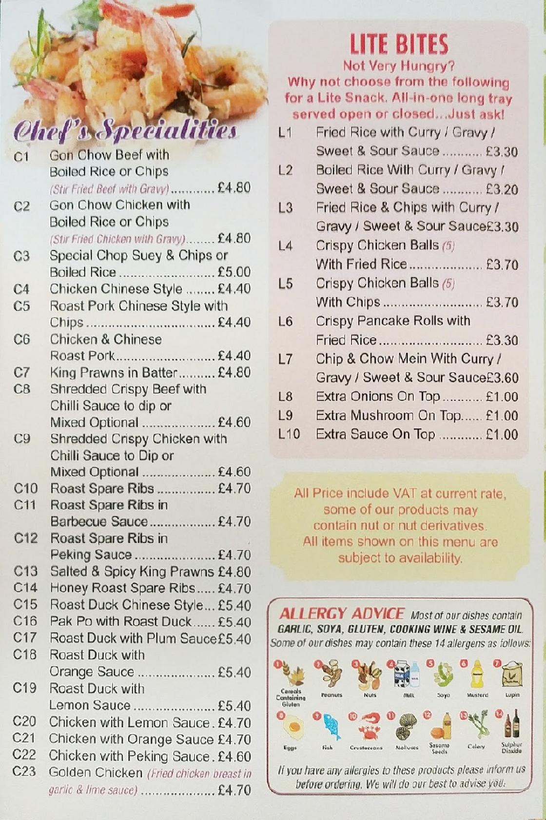 Menu at Molescroft Chinese restaurant, Beverley, 49 Woodhall Way