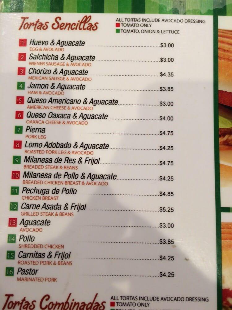 Menu at Tortas Sinaloa restaurant, Ontario