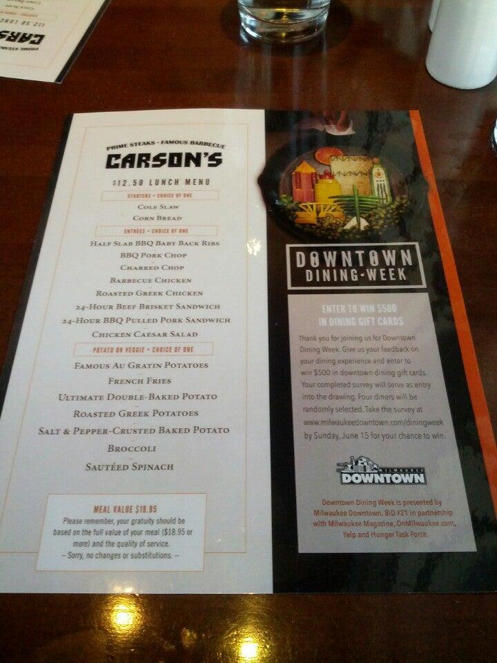 Menu at Carson's Prime Steaks & Famous Barbecue of Milwaukee, Milwaukee