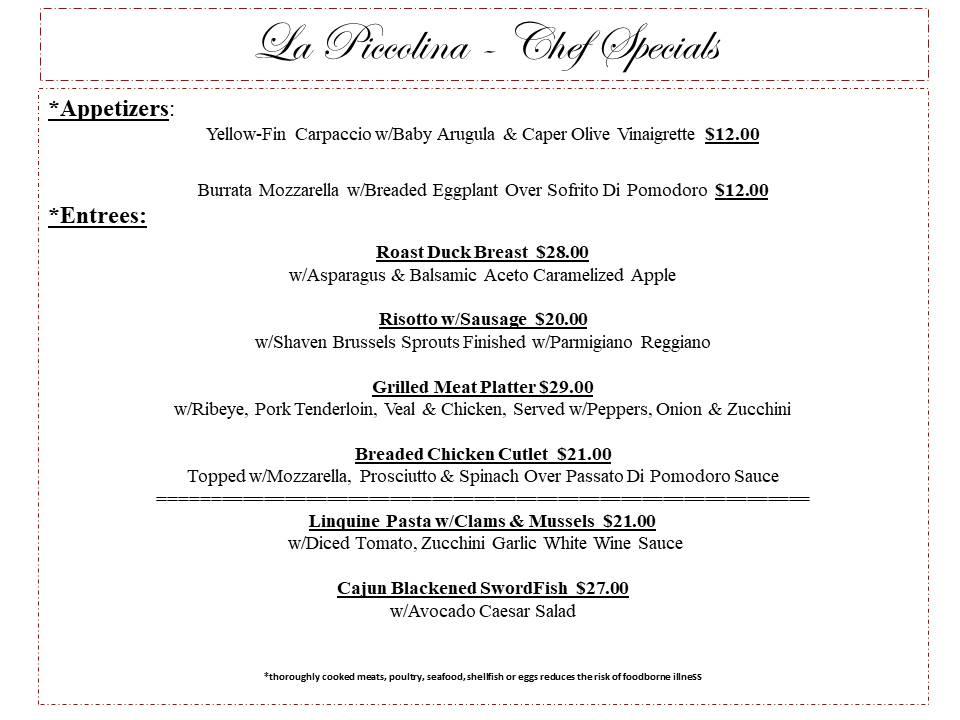 Menu at La Piccolina restaurant, New Milford, 27 Main St