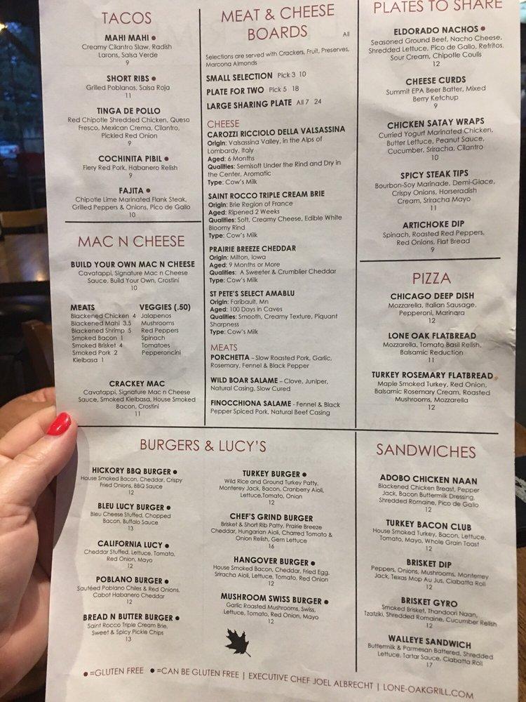 Menu at Lone Oak Cafe, Eagan