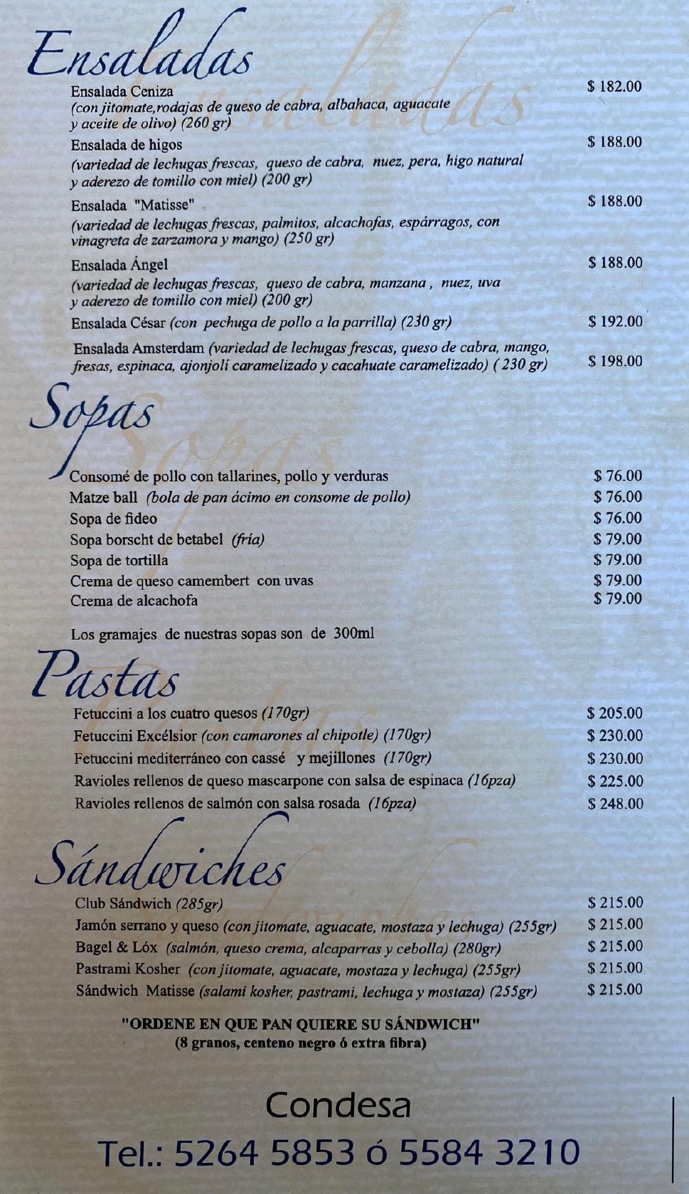 Carta del restaurante Matisse Del Valle, Ciudad del México, Eugenia 111