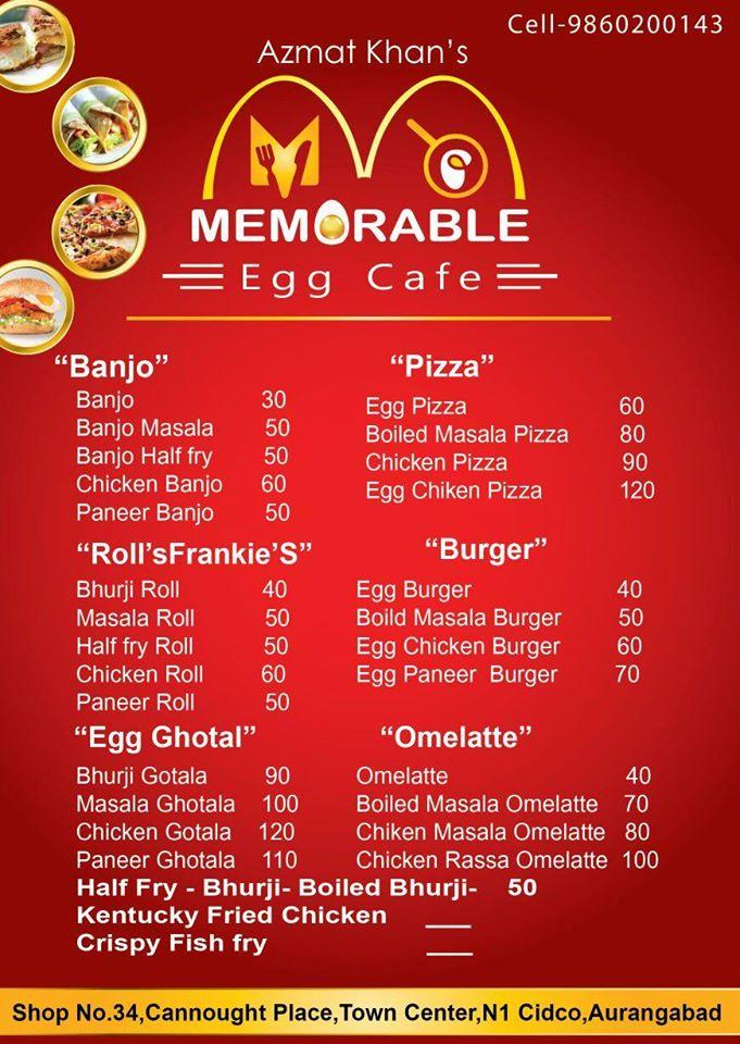 Menu at Memorable Egg Cafe, Ajanta