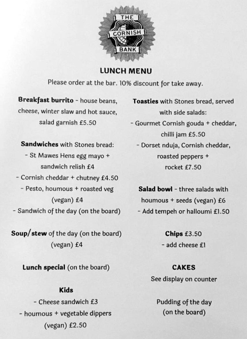 Menu at The Cornish Bank pub & bar, Falmouth