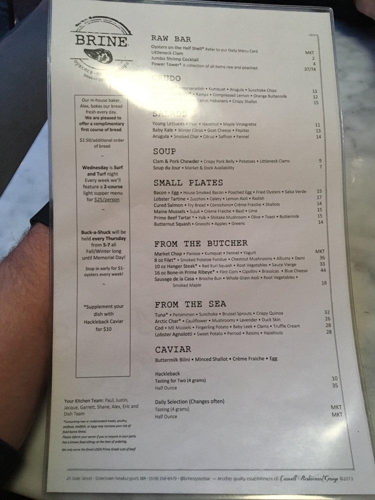 Menu at Brine Oyster • Crudo • Chops pub & bar, Newburyport