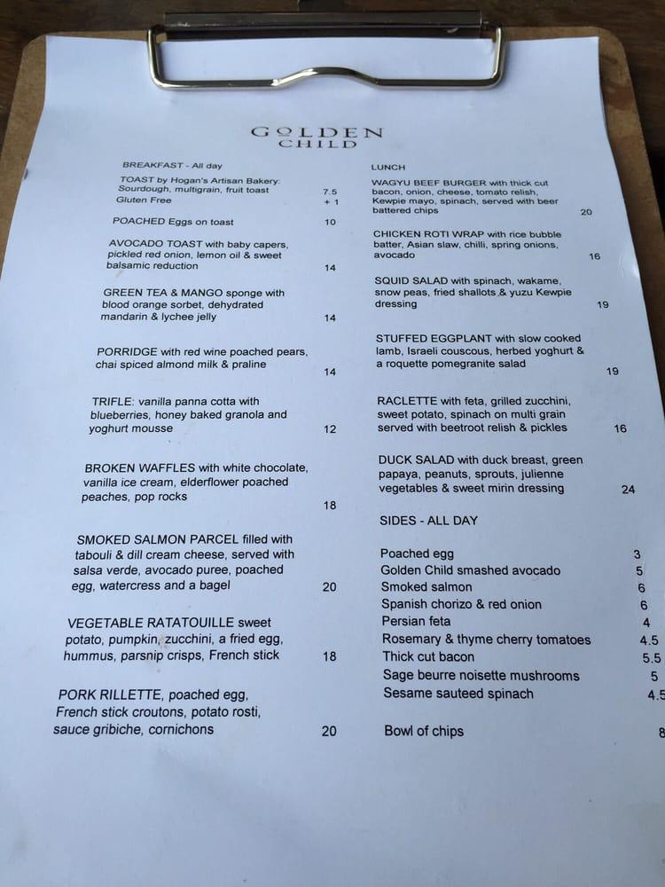 Menu at Golden Child Cafe, Glen Iris