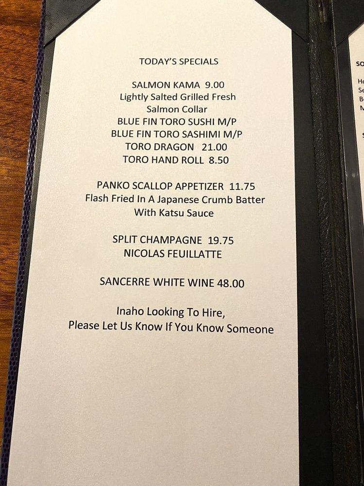 Menu at Inaho Japanese Restaurant, Yarmouth