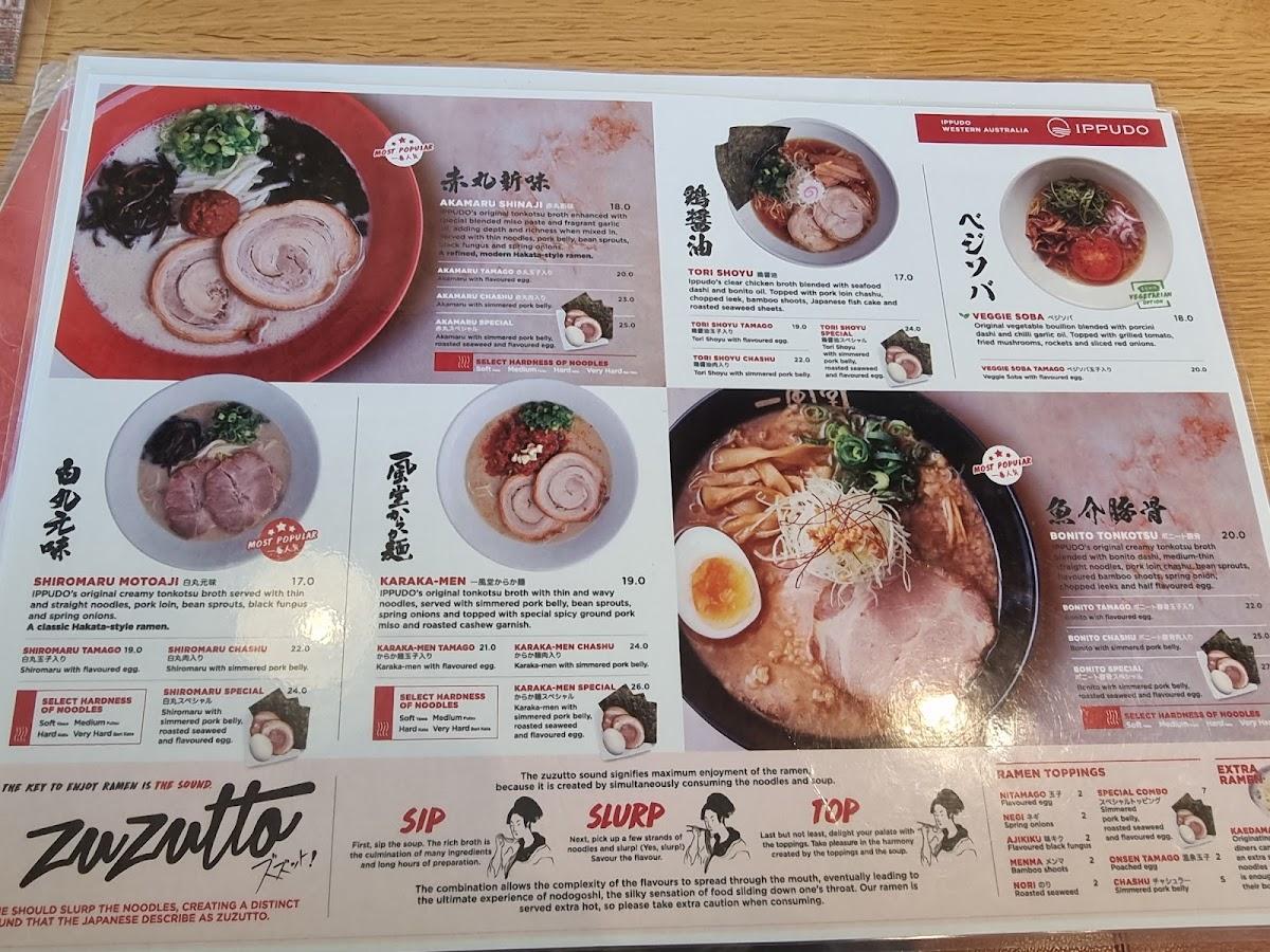 Menu at Ippudo restaurant, Perth
