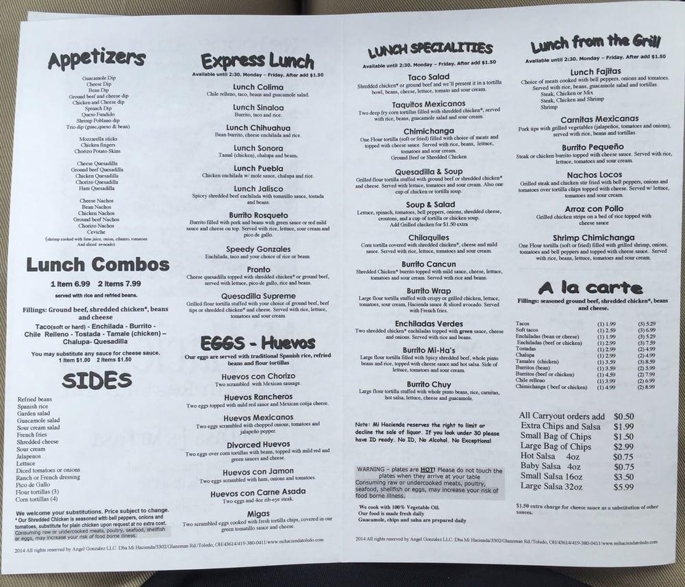 Menu at Mi Hacienda Mexican Restaurant, Toledo
