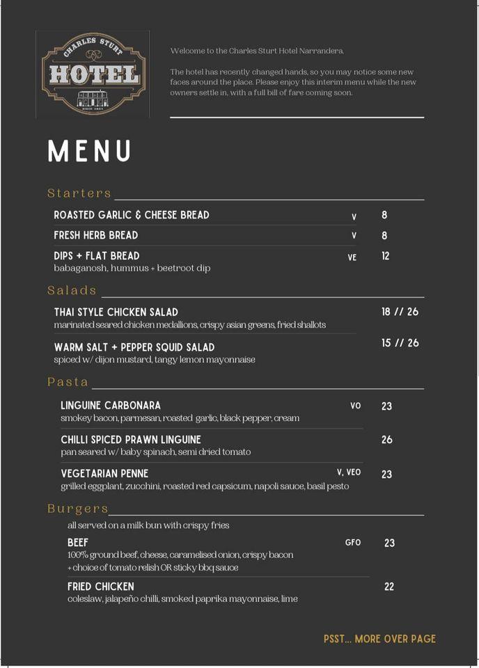 Menu at Charles Sturt Hotel restaurant, Narrandera