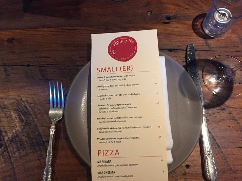 Menu at Del Popolo pizzeria, San Francisco, 855 Bush St