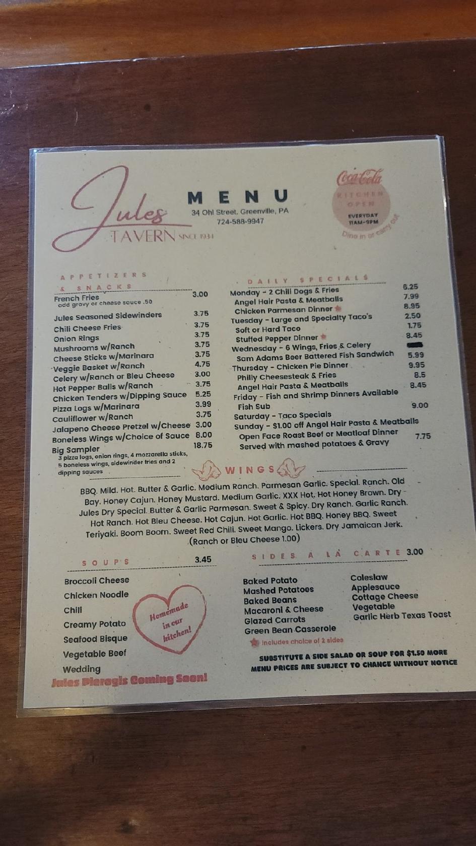 Menu at Jules Tavern restaurant, Greenville