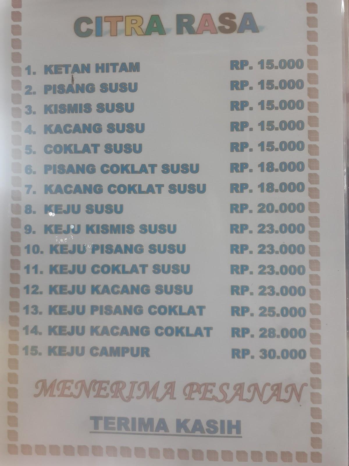 Menu at Martabak Citra rasa restaurant, Sidoarjo