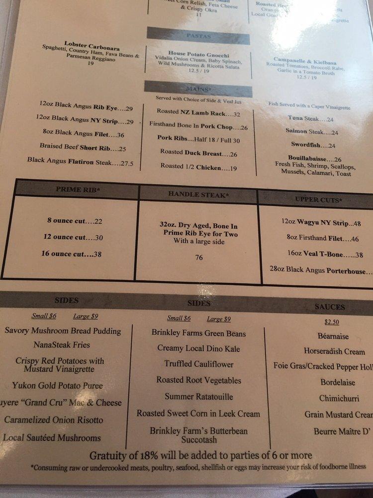 Menu at NanaSteak steakhouse, Durham