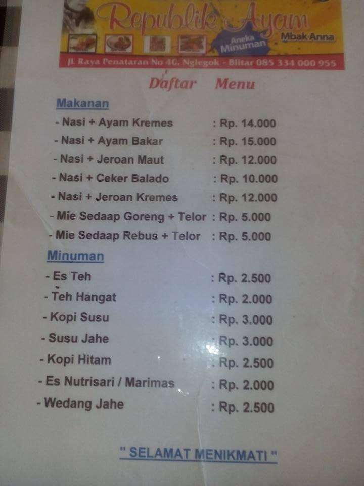 Menu at Republik Ayam Mbak Anna, Blitar