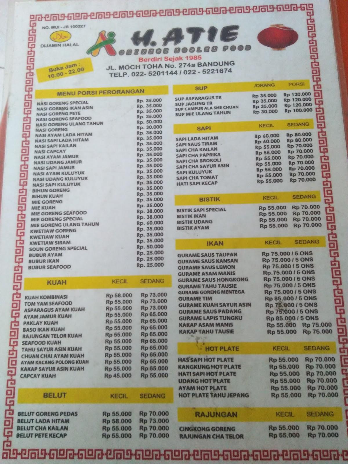 Menu at Rm. Haji Atie Chinese Food Moslem restaurant, Bandung