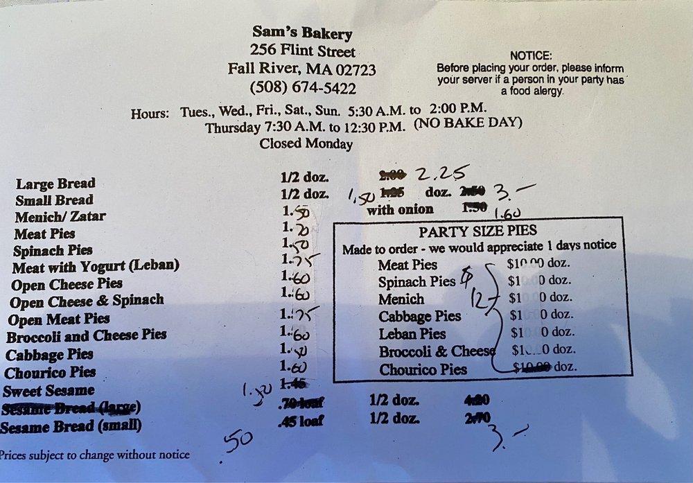 Menu at Sam's Bakery, Fall River