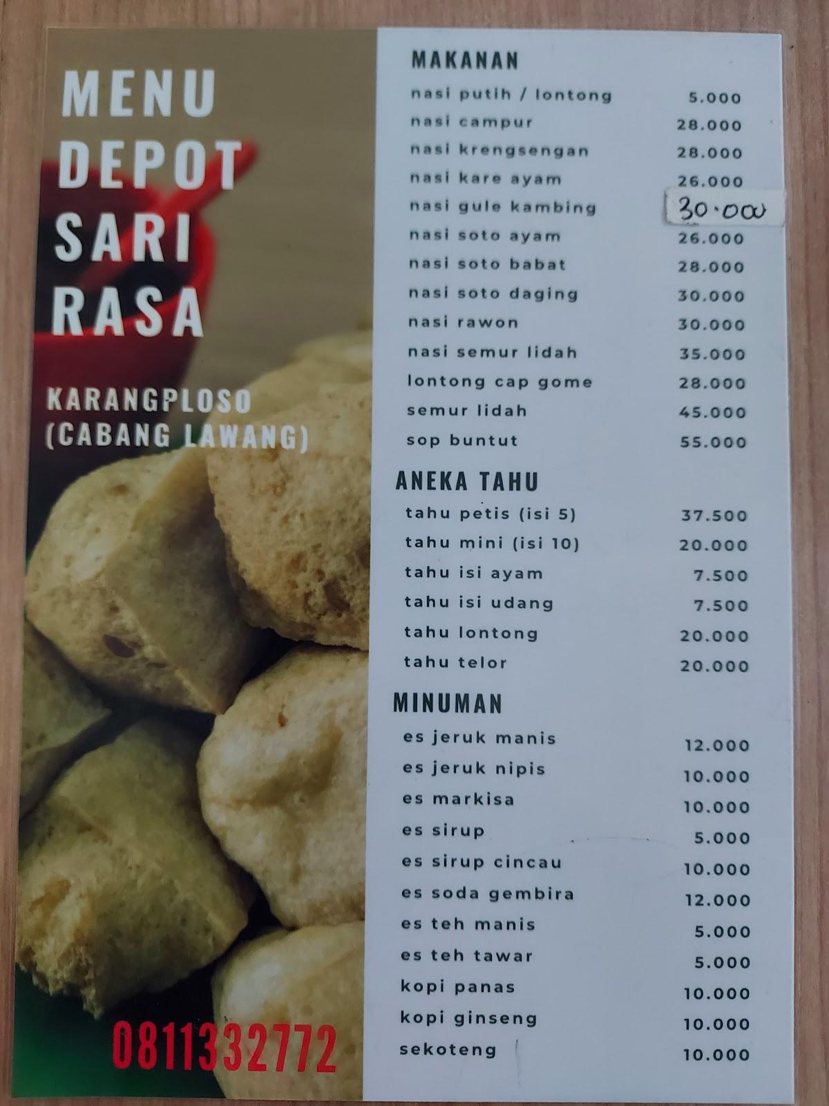Carta del restaurante Sari Rasa Karangploso, Malang, Jl. Raya Kertanegara