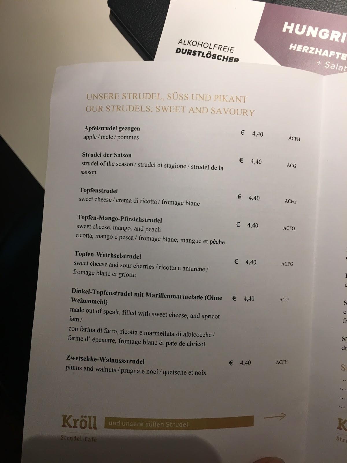 Menu at Strudel Cafe Kroll, Innsbruck