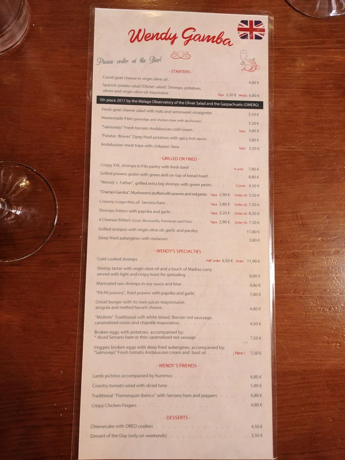 Menu at Wendy Gamba pub & bar, Málaga