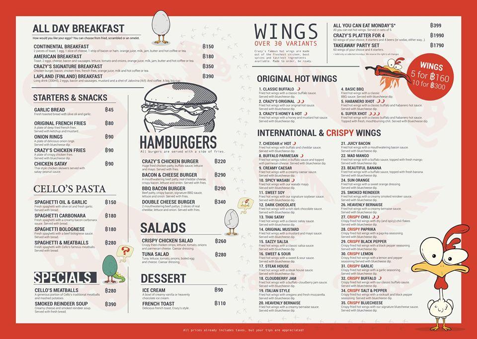 Menu at Cello Hotel, Pa Tong