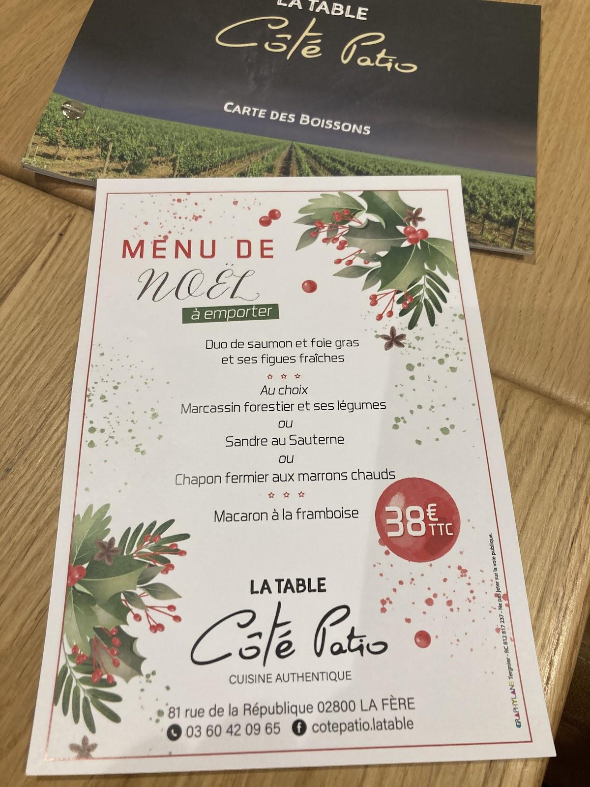 Menu au Coté Patio La Table restaurant, La Fère