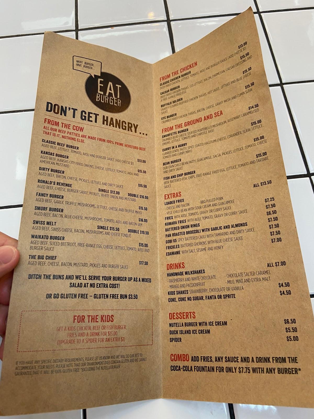 Menu at Eat Burger restaurant, Hamilton
