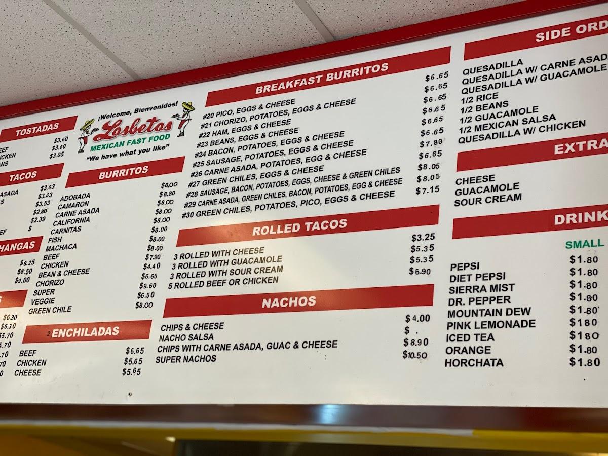Menu at Los Betos Mexican Food restaurant, Village of Oak Creek