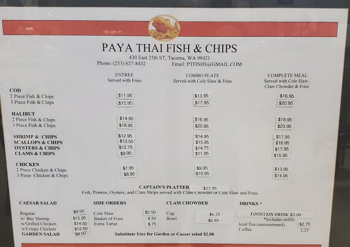 Menu at Paya Thai Fish & Chips restaurant, Tacoma