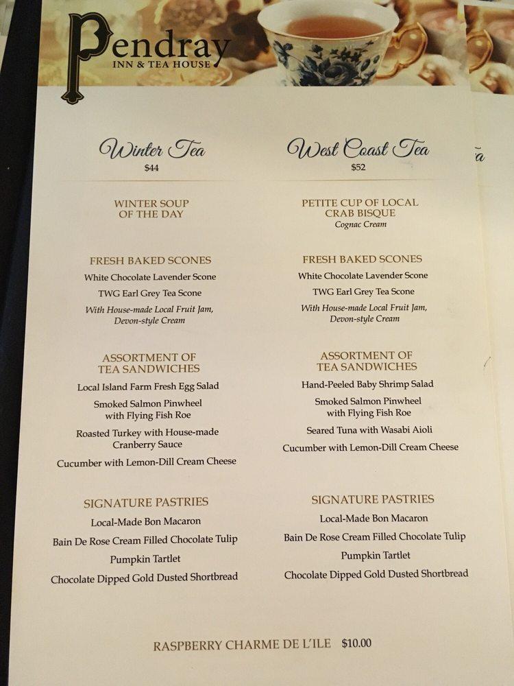 Menu at Pendray Inn and Tea House restaurant, Victoria