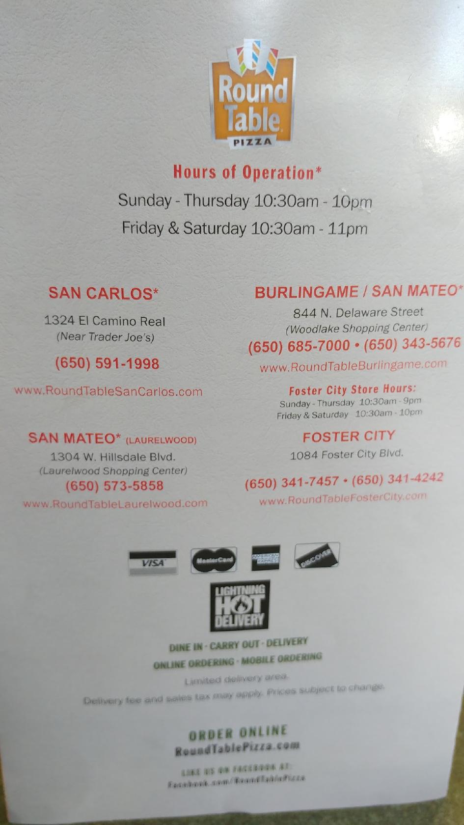 Menu at Round Table Pizza pizzeria, San Carlos