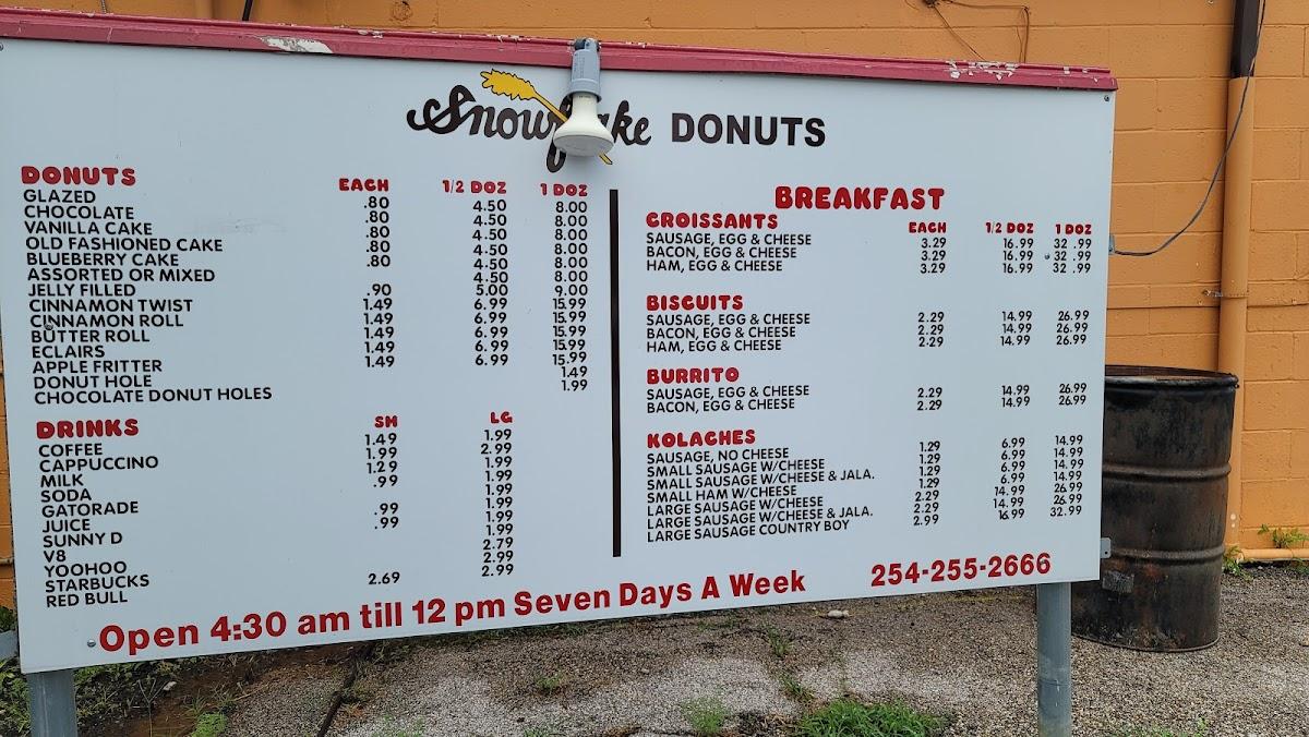 Menu at Snowflake Donut, Groesbeck