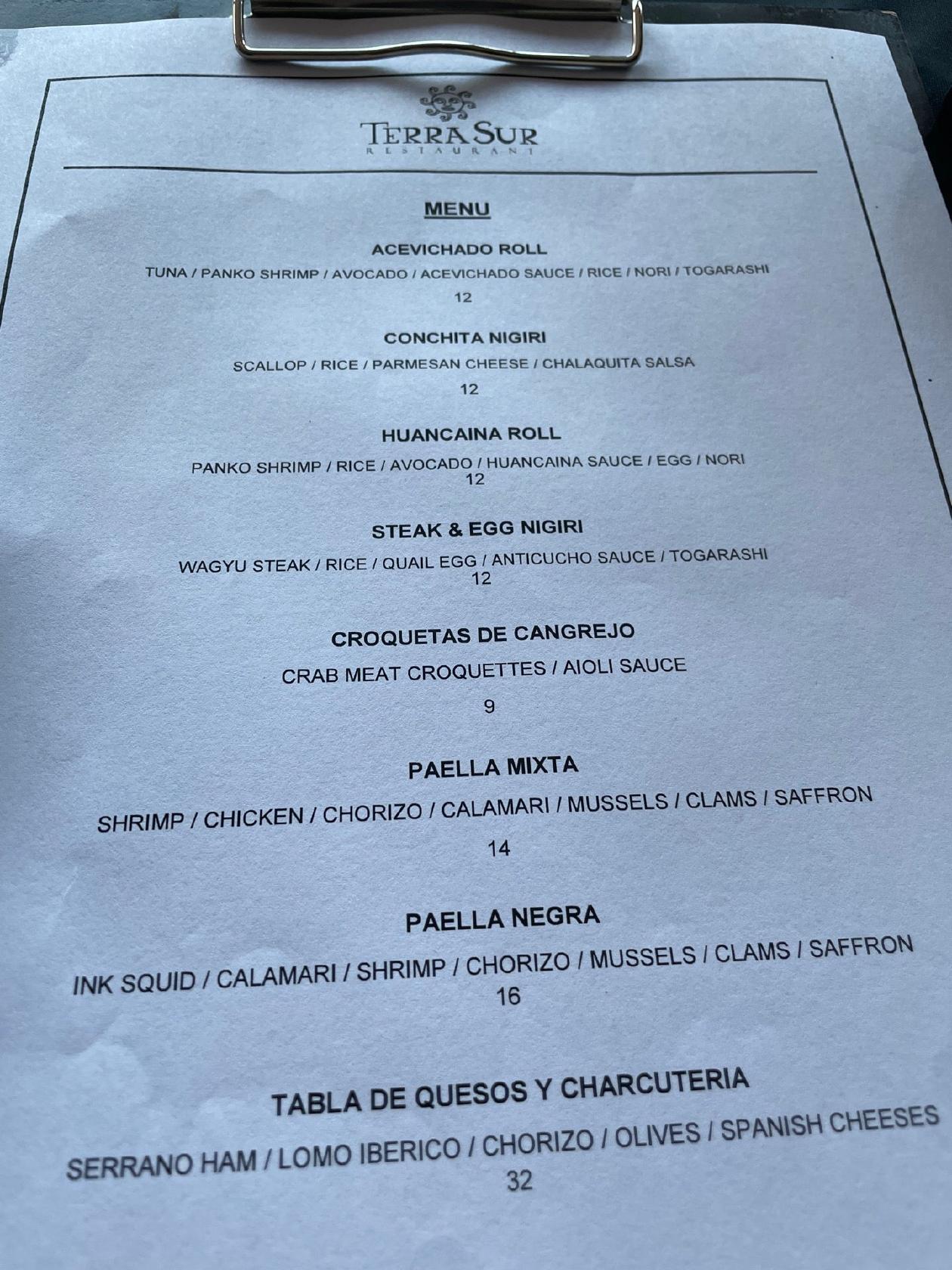 Menu at Terra Sur Cafe, Tampa, Ehrlich Rd #103