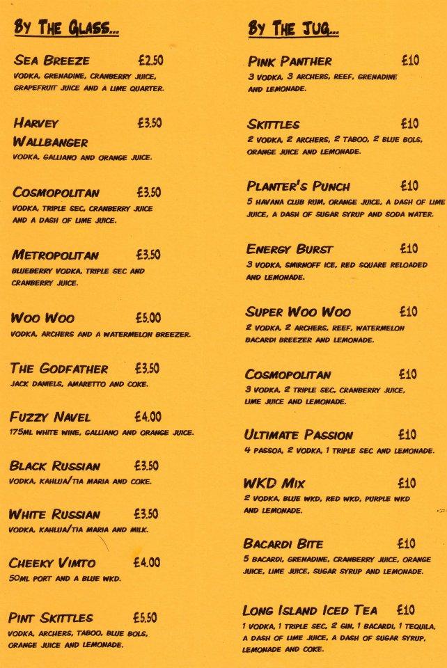 Menu at The Ski Bar, Haverigg
