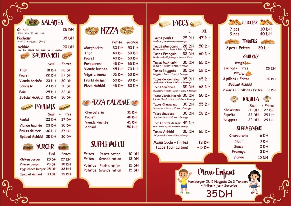 Menu at Achkid restaurant, Temara