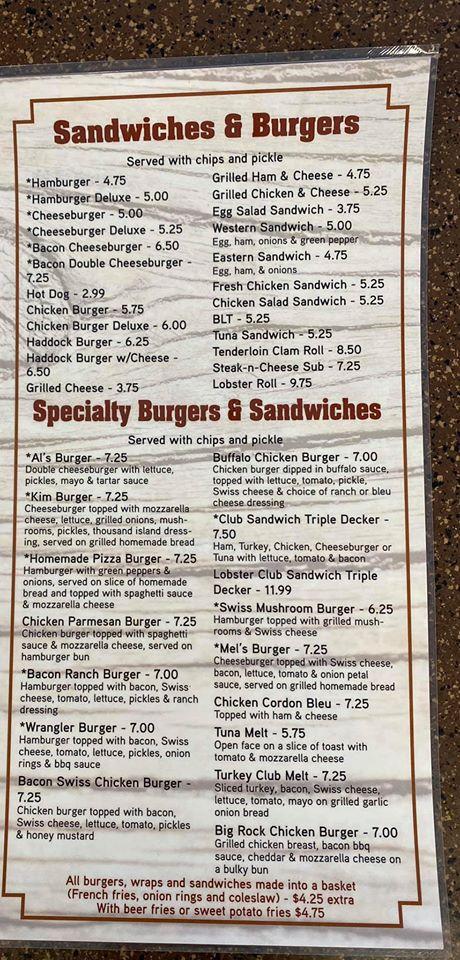 Menu at Al's Diner restaurant, Mars Hill