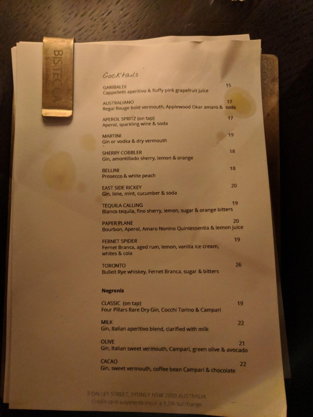 Menu at BISTECCA restaurant, Sydney