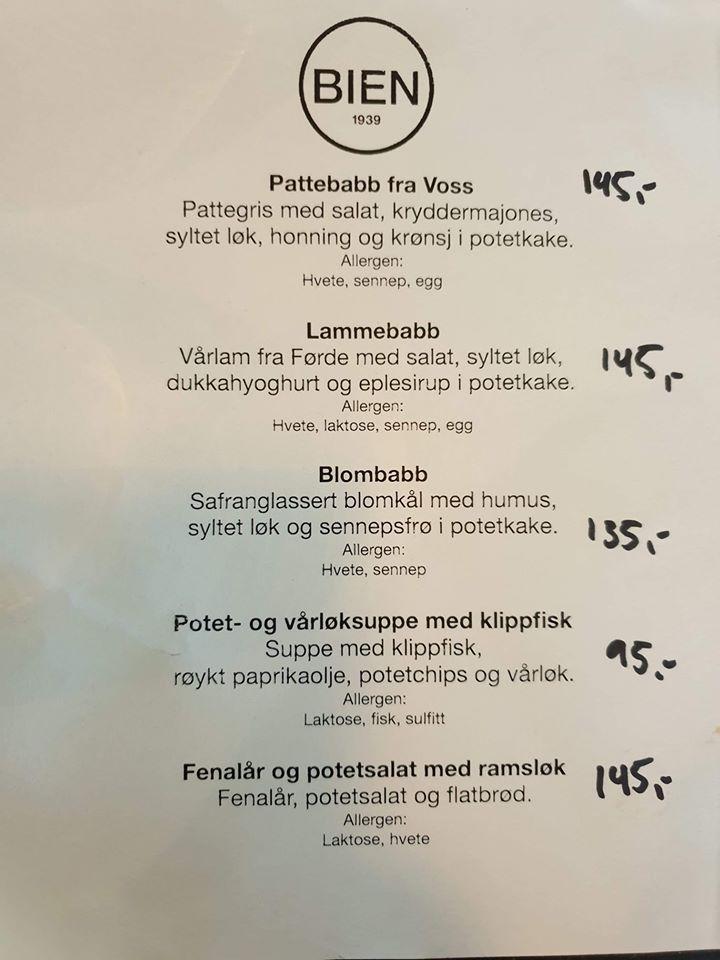 Menu at Bien Pizzabar, Bergen