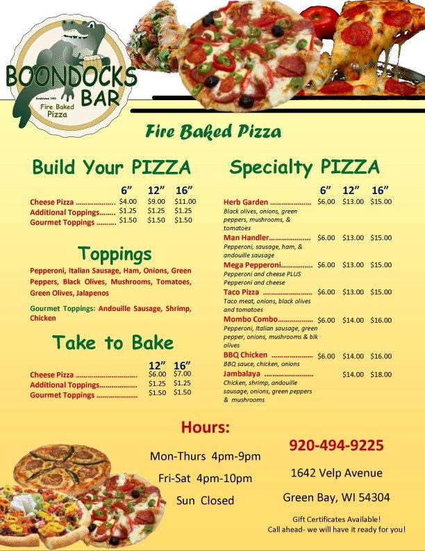 Carta de pizzería Boondocks Pizza, Green Bay, Velp Ave