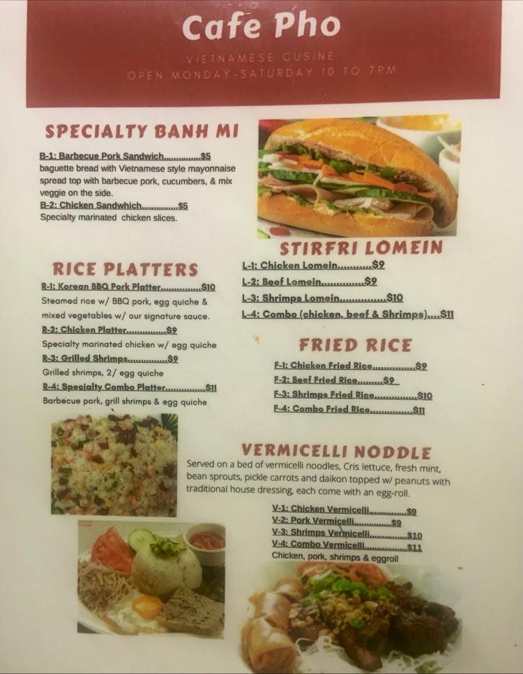 Menu at Cafe pho, Purcell