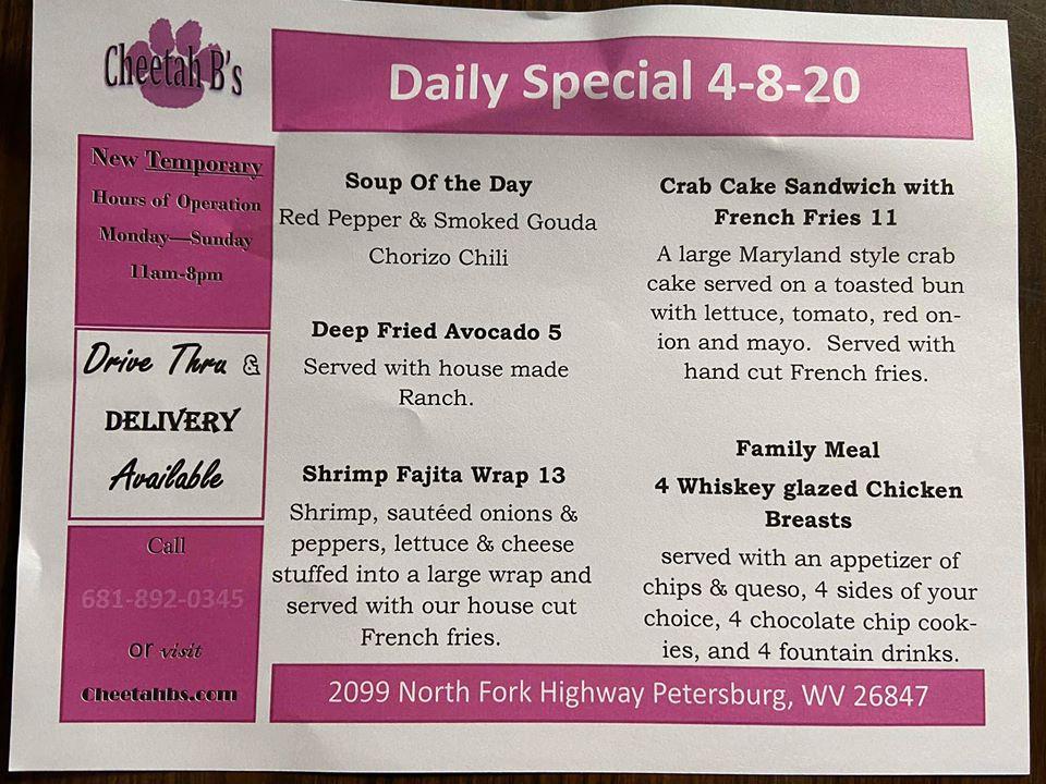 Menu at Cheetah B's pub & bar, Petersburg