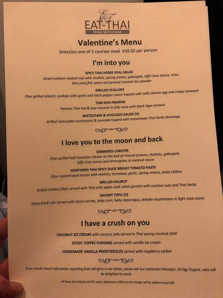 Menu at Eat-Thai restaurant, High Wycombe