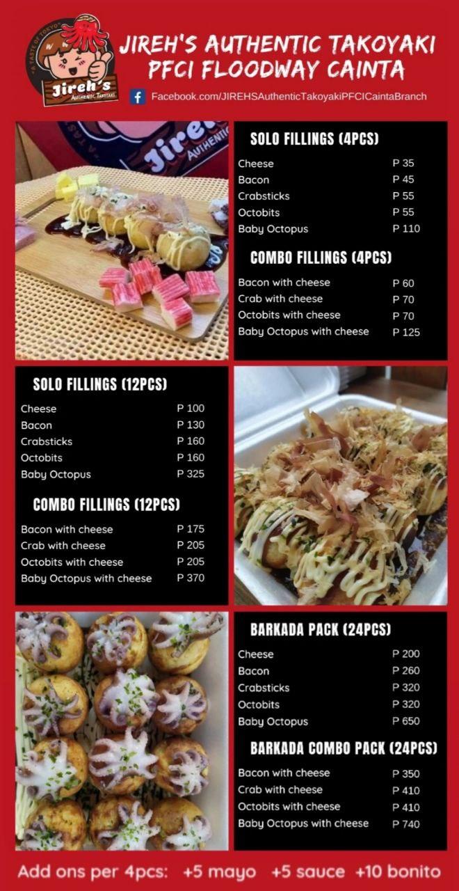 Menu at Jireh's Authentic takoyaki-PFCI FLOODWAY Cainta branch, Cainta