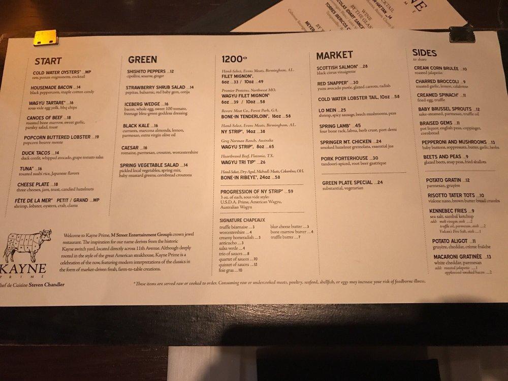 Menu at Kayne Prime Steakhouse, Nashville