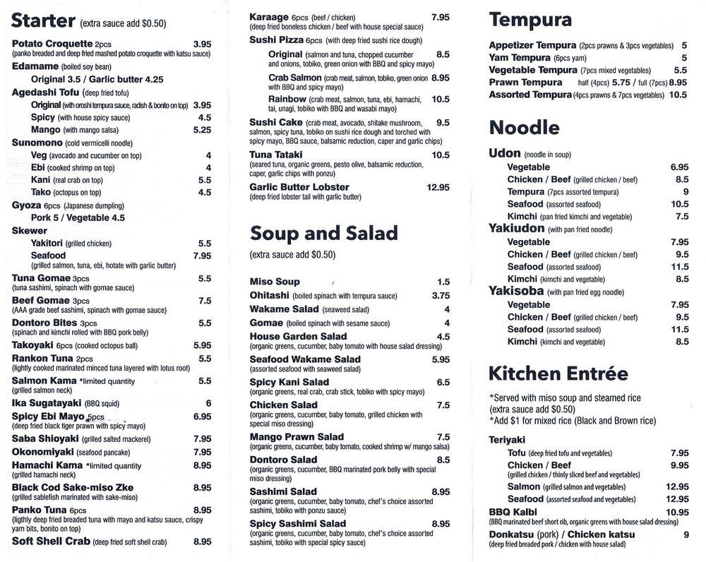 Menu at Kimu Japanese Cuisine restaurant, Vancouver