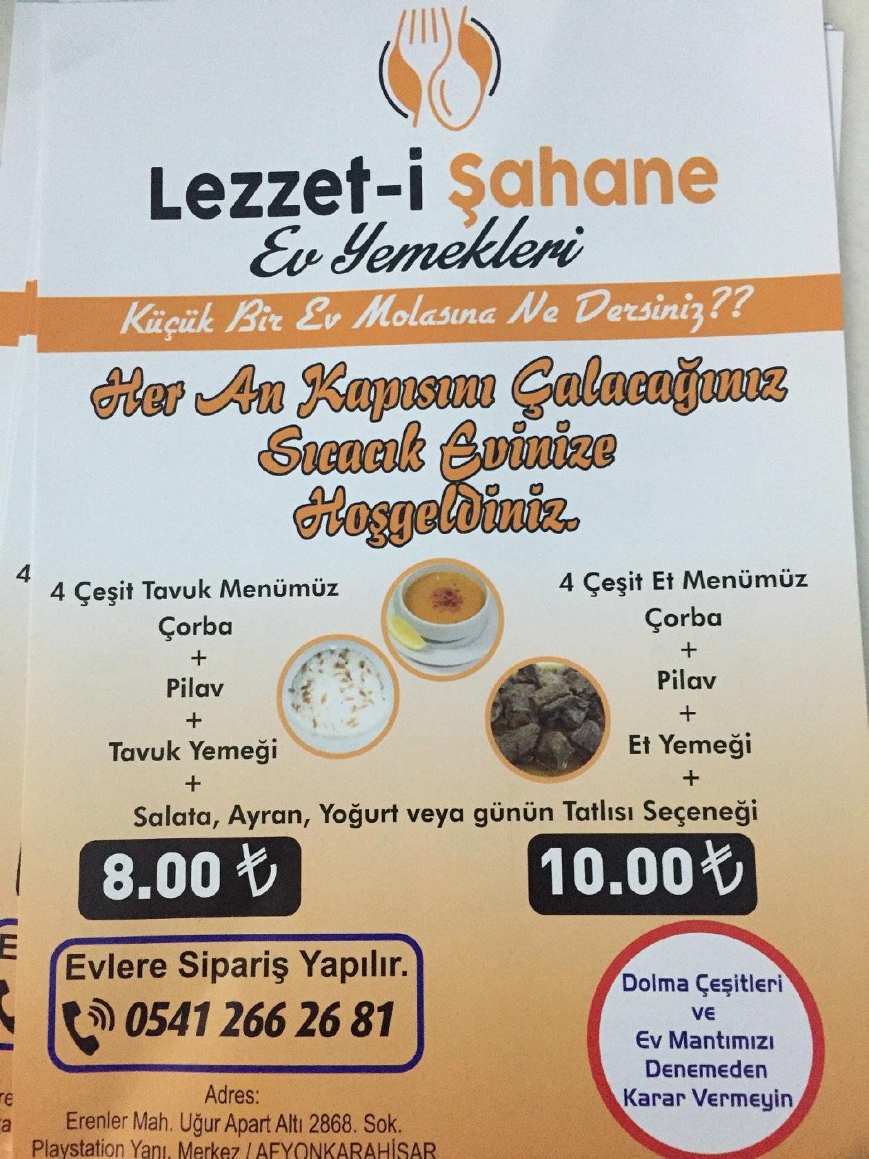 Menu at Lezzet-i Şahane (ev yemekleri), Afyonkarahisar