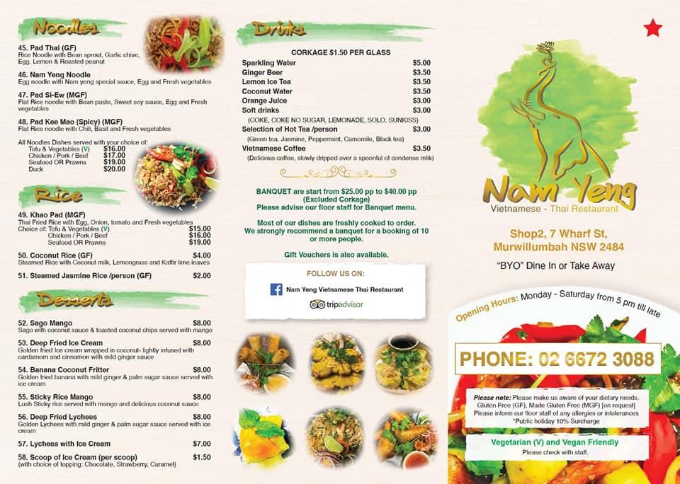 Menu at Nam Yeng Vietnamese Thai Food restaurant, Murwillumbah