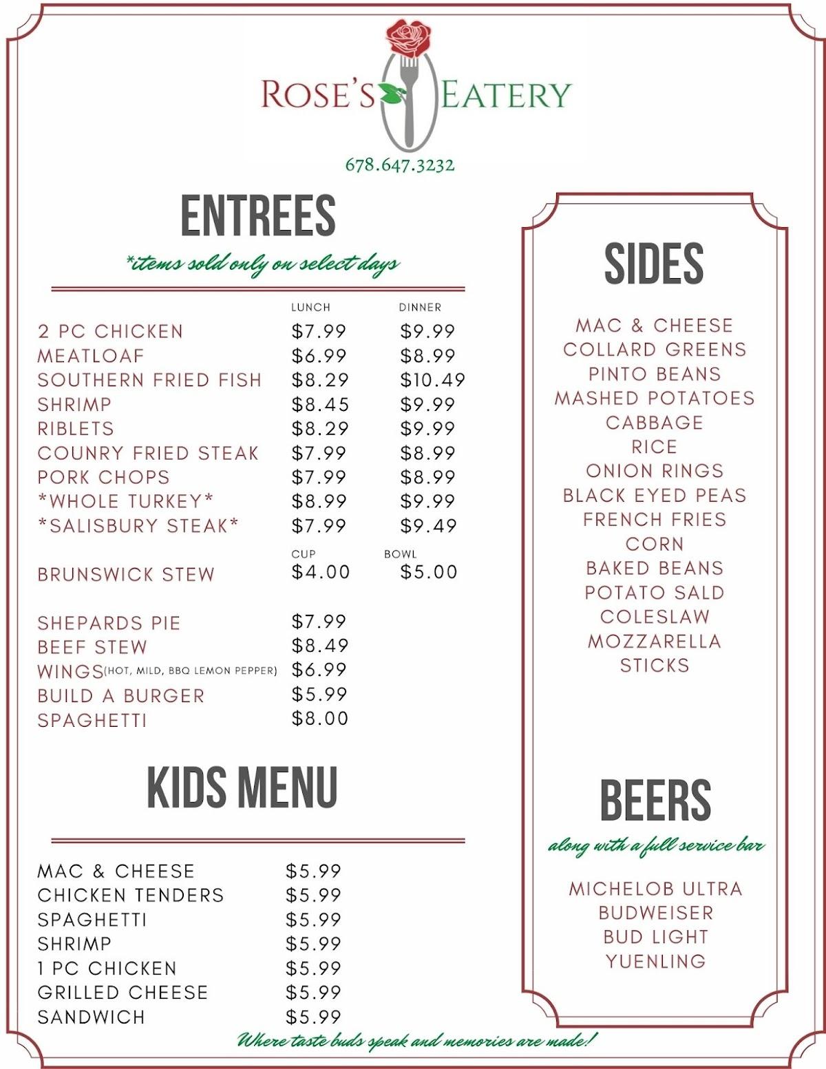 Menu at ROSES EATERY restaurant, Buchanan