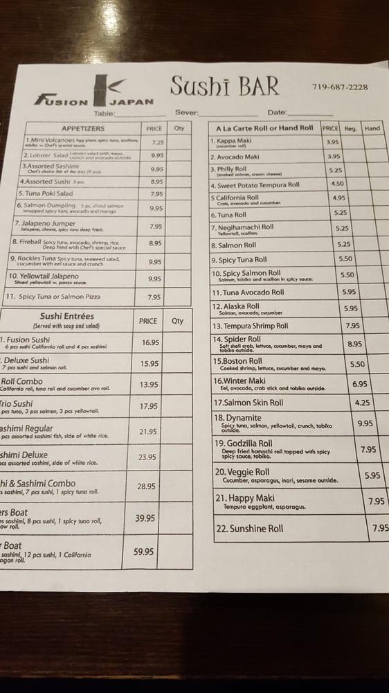 Menu at Fusion Japan restaurant, Woodland Park, 765 Gold Hill Pl S