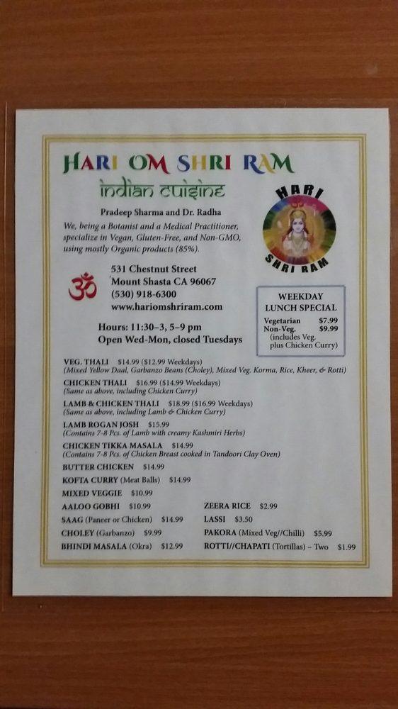 Carta del restaurante Hari Om Shri Ram Indian Cuisine, Mount Shasta